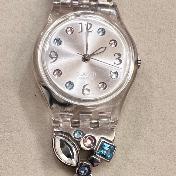 Swatch | Accessories | Swatch Silver Watch Encrusted With Blue And Pink ...